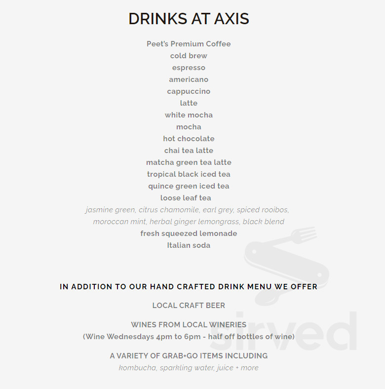 Axis Coffee Bar + Eatery menu in Madera, California, USA