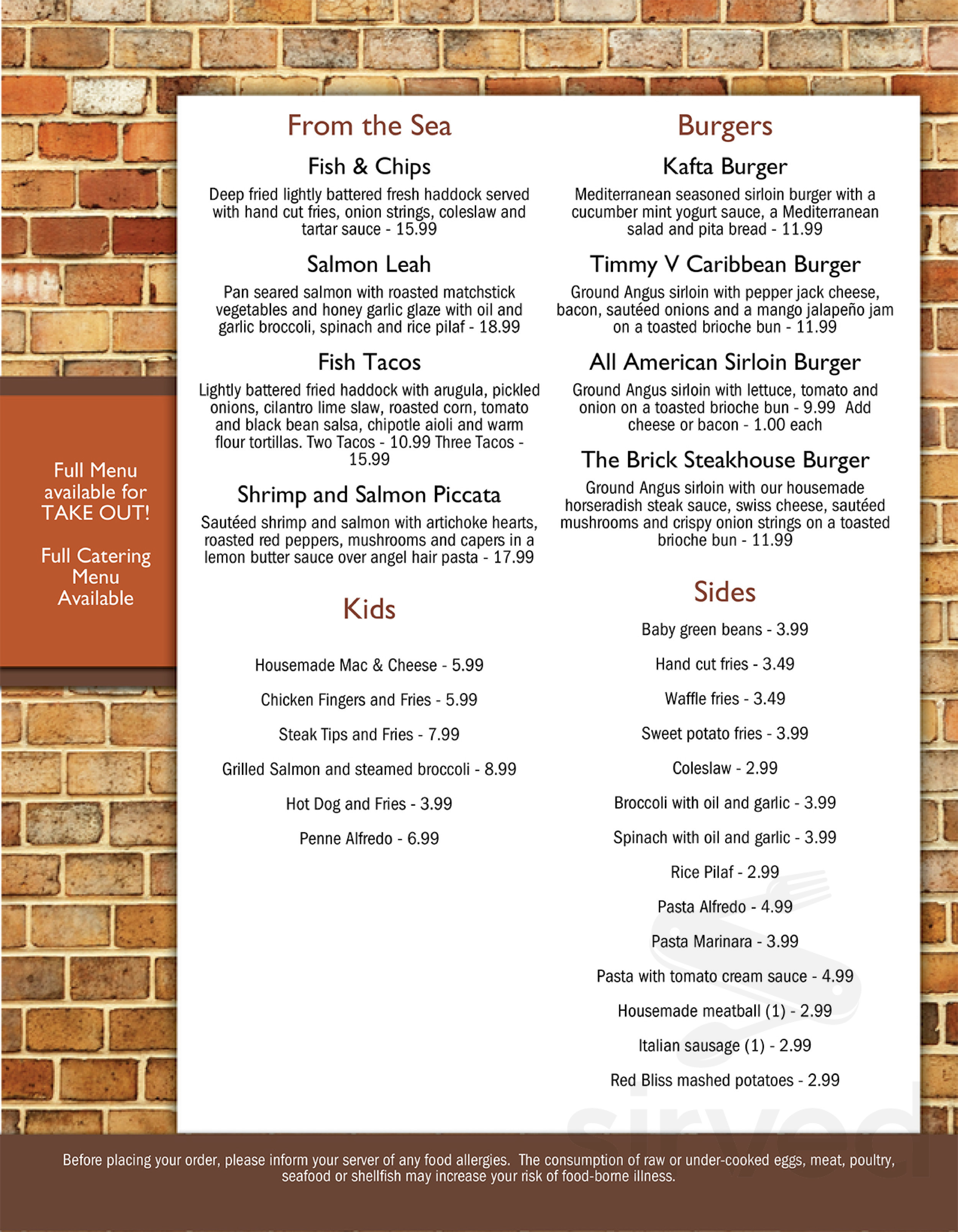 Brickstone Kitchen menu in Sutton, Massachusetts, USA