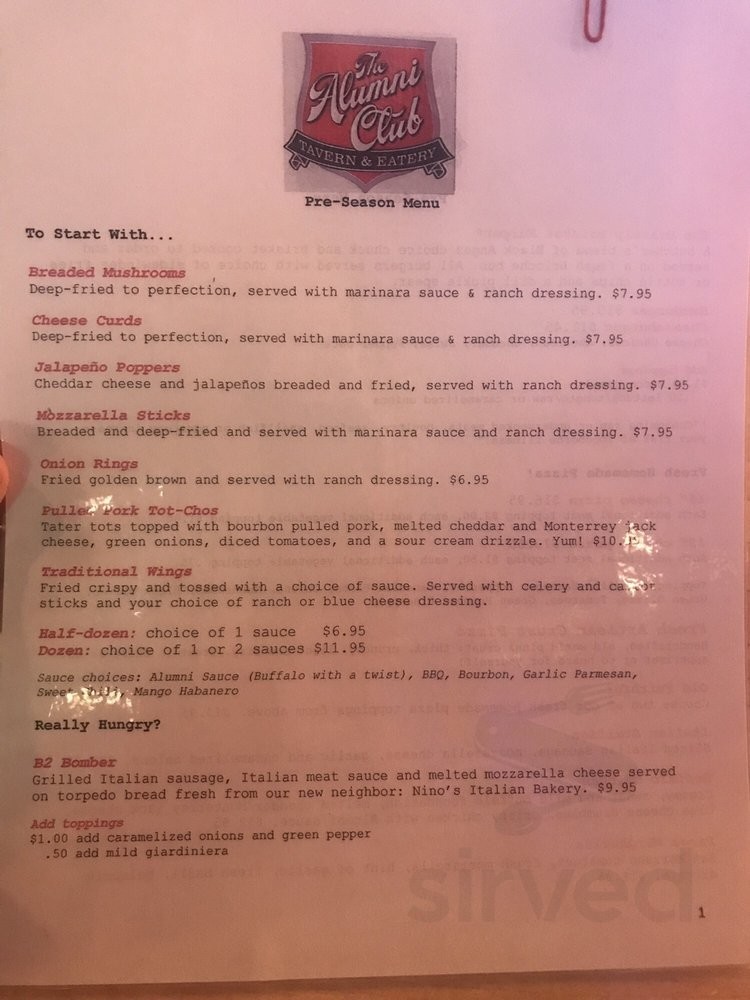 Menu for The Alumni Club Tavern & Eatery in Menomonee Falls, WI | Sirved