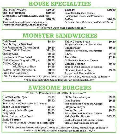 Kelly's Tavern menu in Bluffton, South Carolina, USA