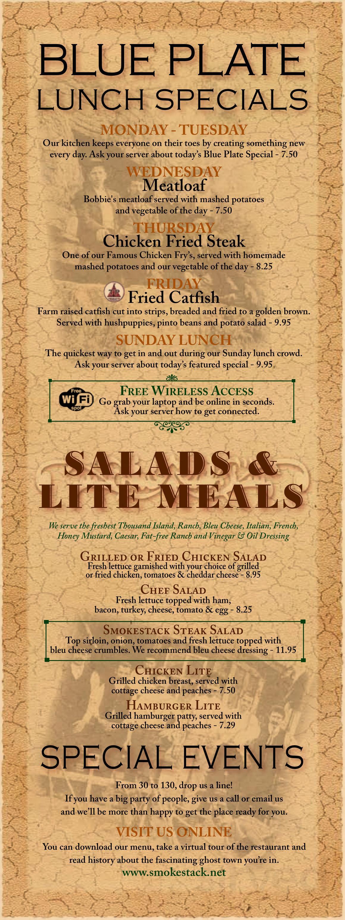 The SmokeStack Restaurant menu in Mingus, Texas, USA