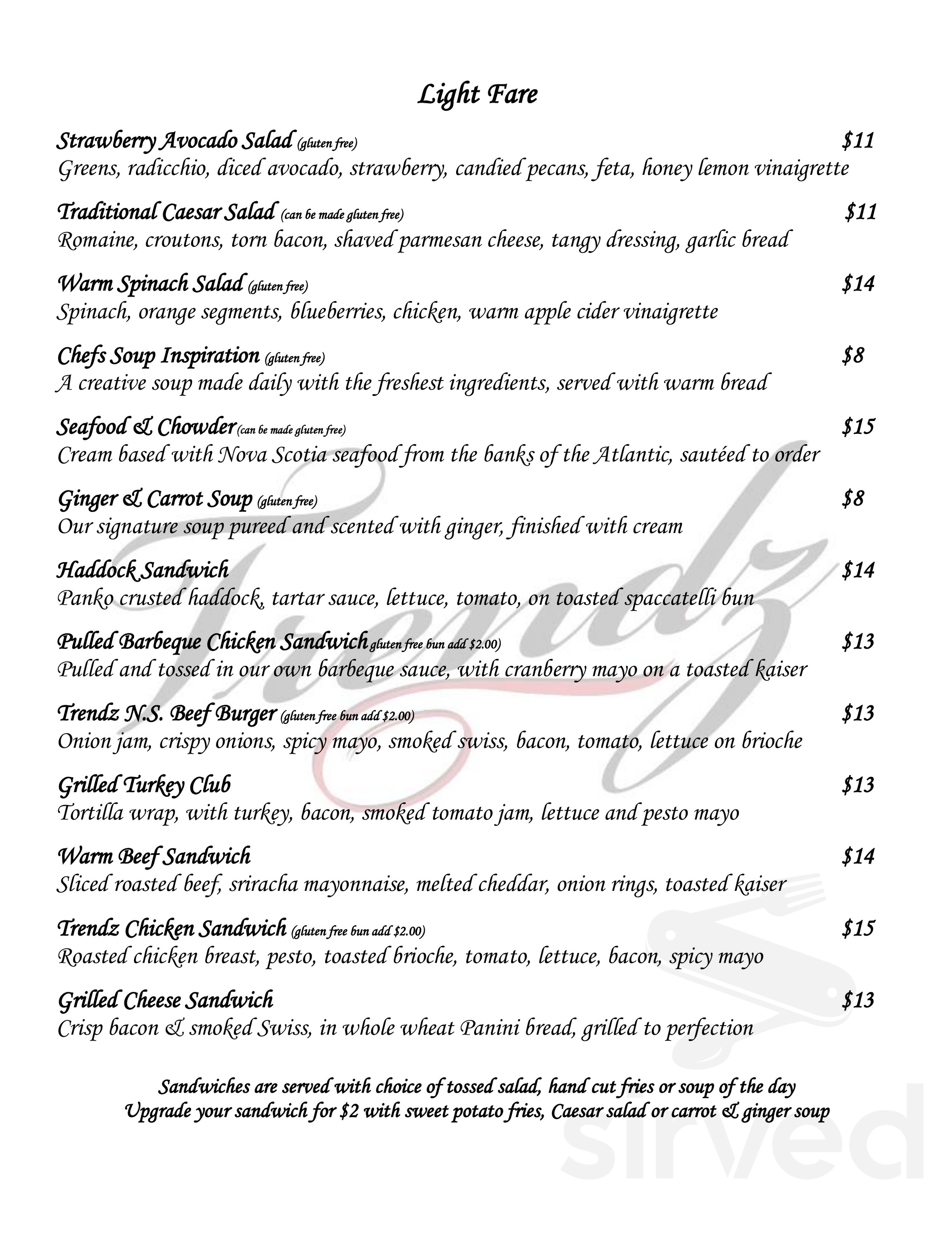 Trendz Gastro Pub menu in Dartmouth, Nova Scotia, Canada
