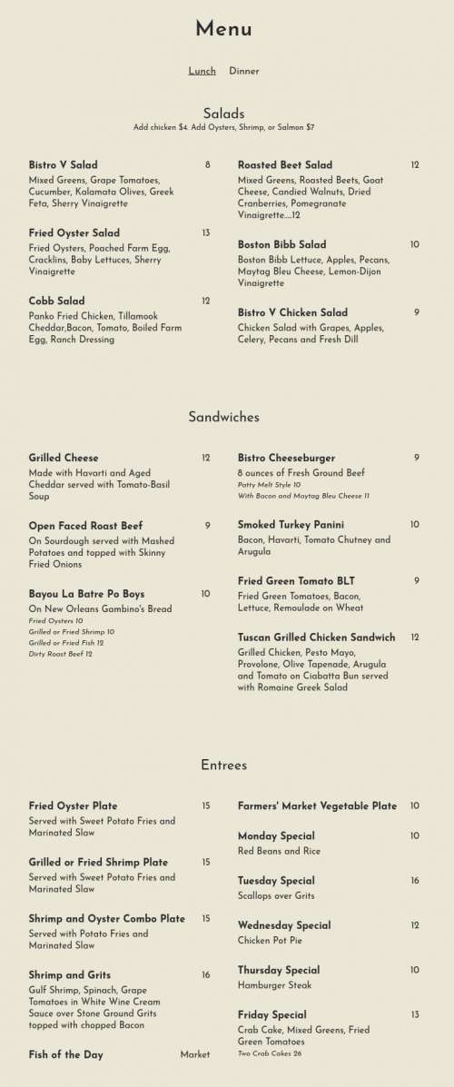 Bistro V menu in Vestavia Hills, Alabama, USA