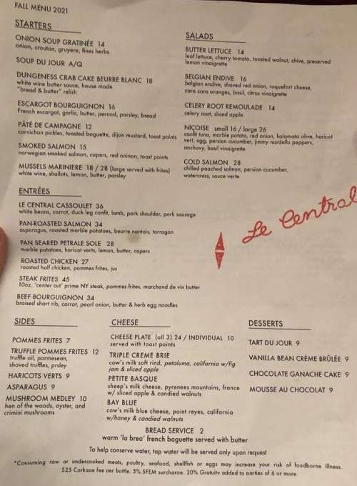 Le Central menu in San Francisco, California, USA