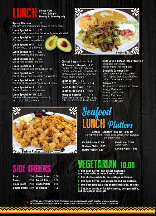 Papa Julio's Mexican Grill and Bar menu in Seneca, South Carolina, USA