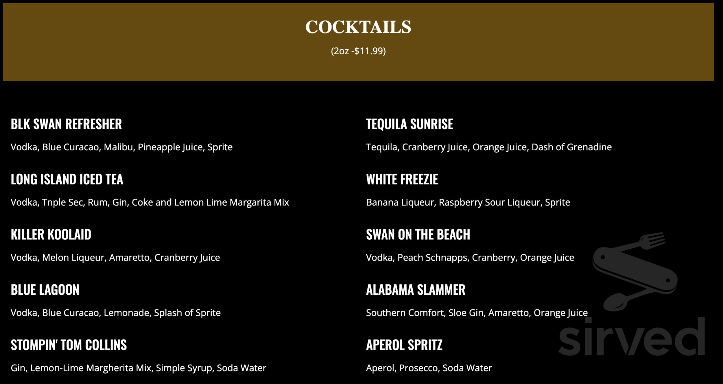 Menu for Blk Swan Kitchen Pub Oakville in Oakville, ON | Sirved