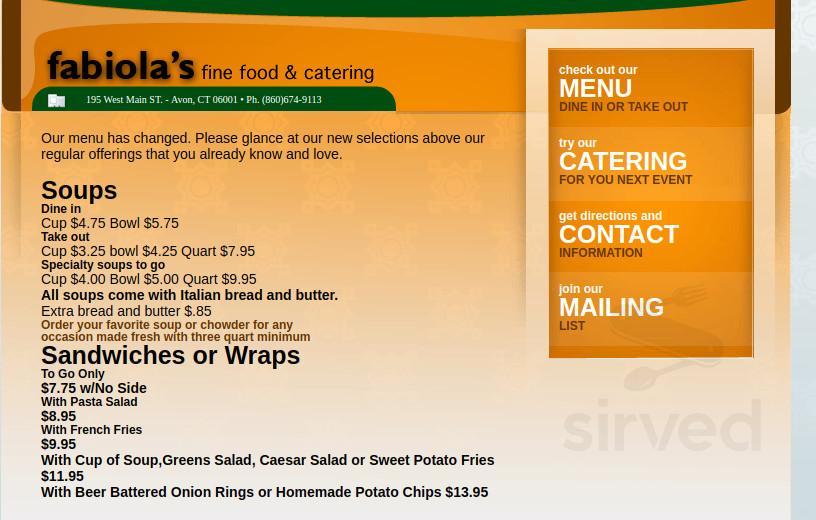 Fabiola's Fine Foods menu in Avon, Connecticut, USA