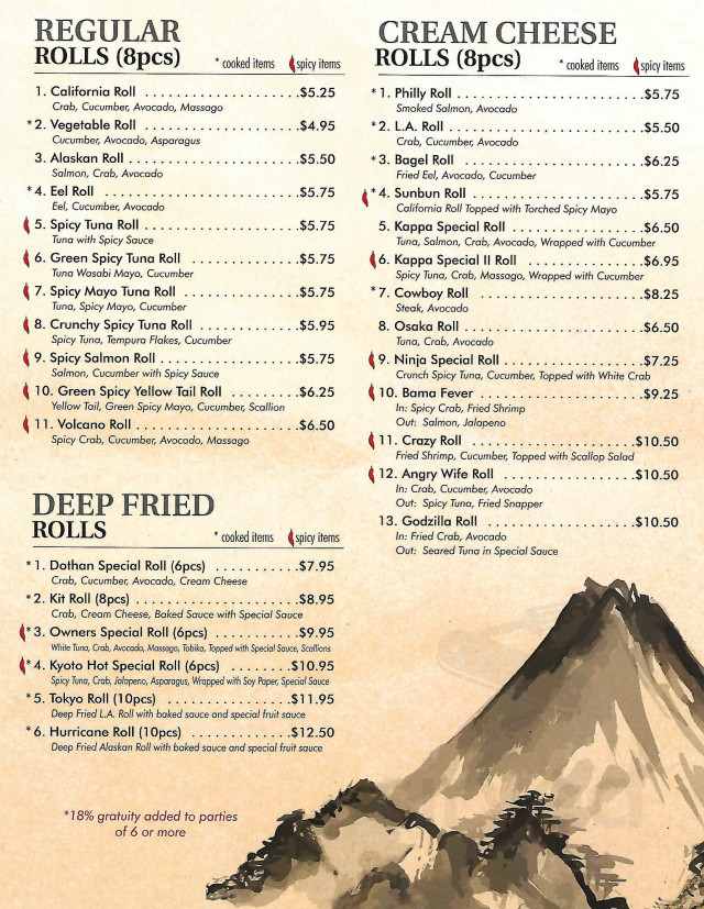 Kyoto Sushi menu in Dothan, Alabama, USA