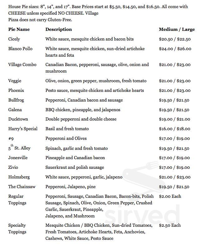 Menu - Roslyn WA's Village Pizza | Sirved