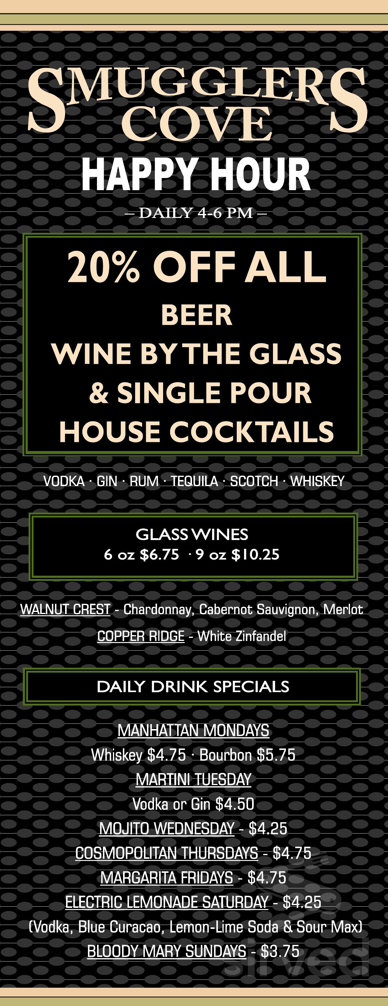 Smuggler's Cove menu in Tannersville, Pennsylvania, USA