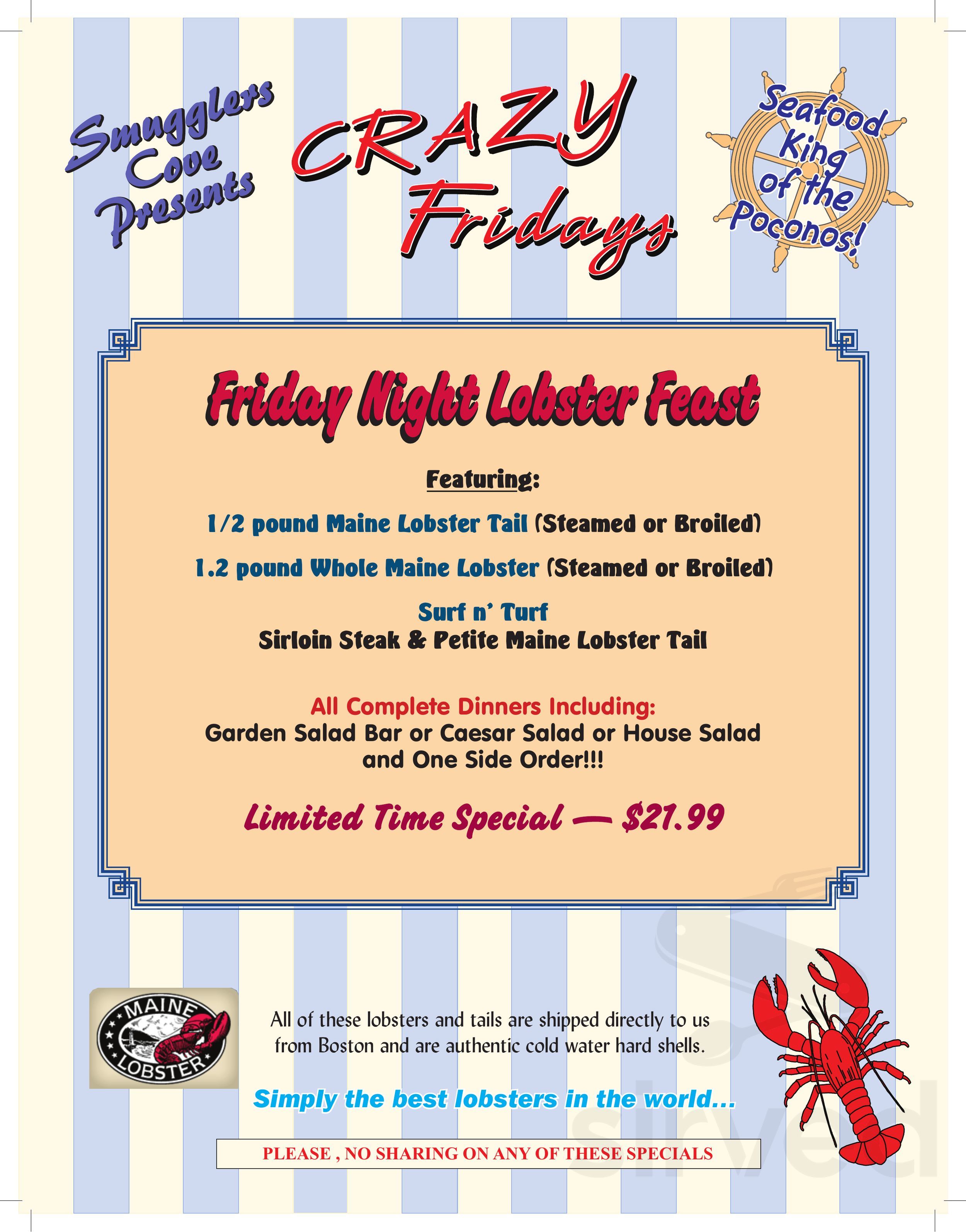 Smuggler's Cove menu in Tannersville, Pennsylvania, USA