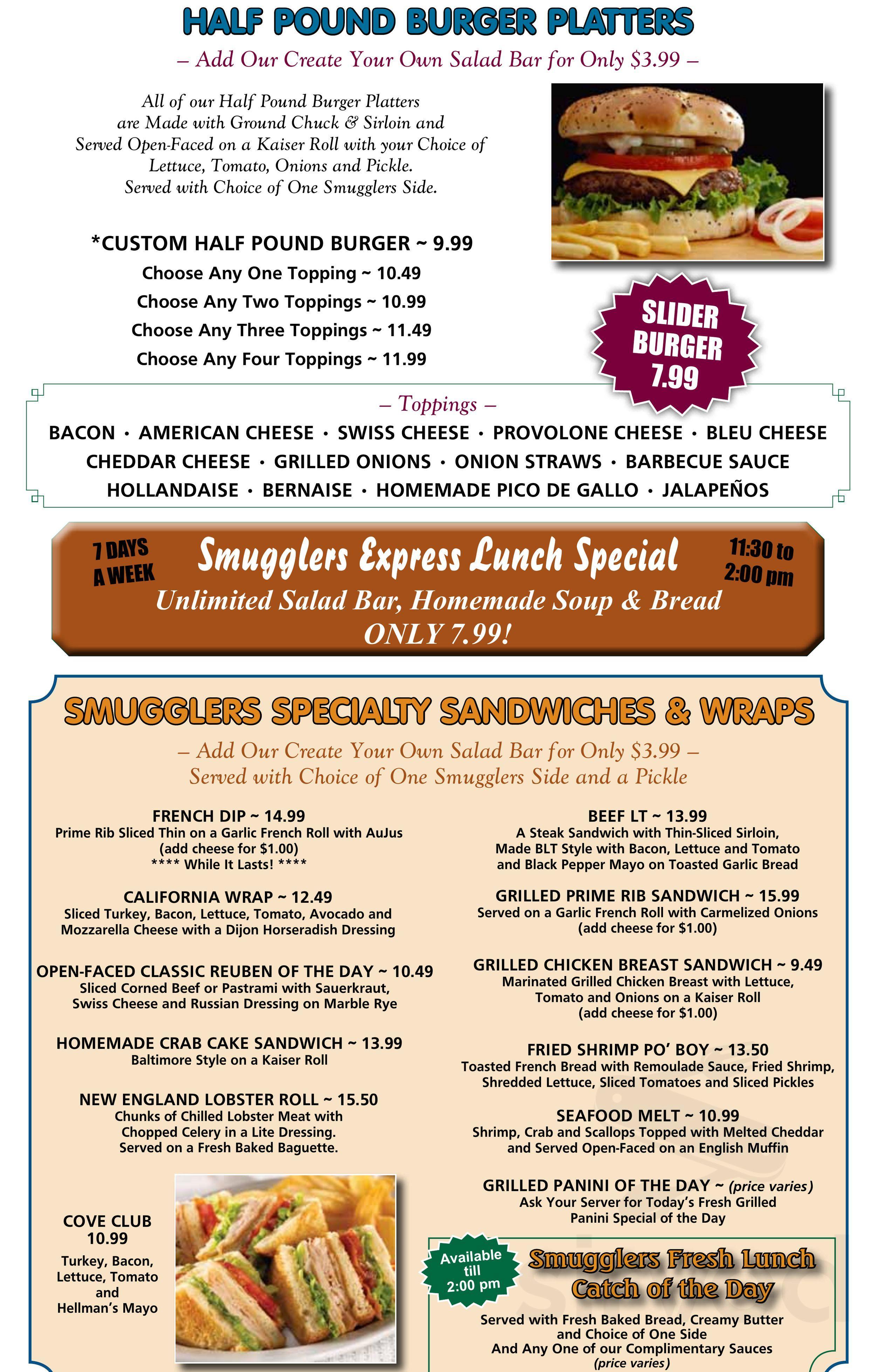 Smuggler's Cove menu in Tannersville, Pennsylvania, USA