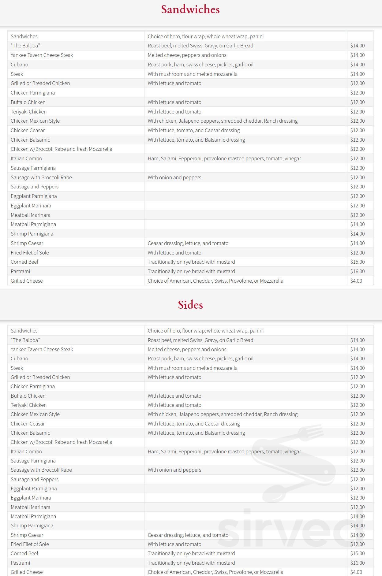 Yankee Tavern menu in The Bronx, New York, USA