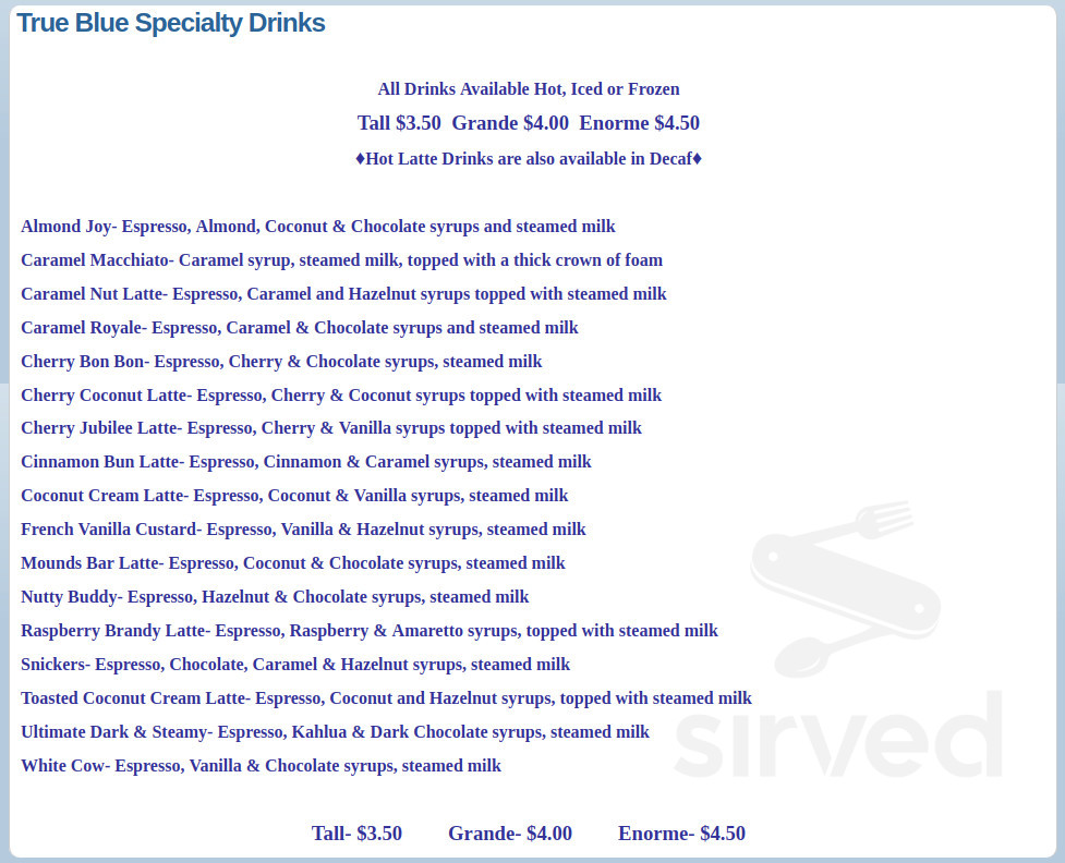 True Blue Emmaus Menu