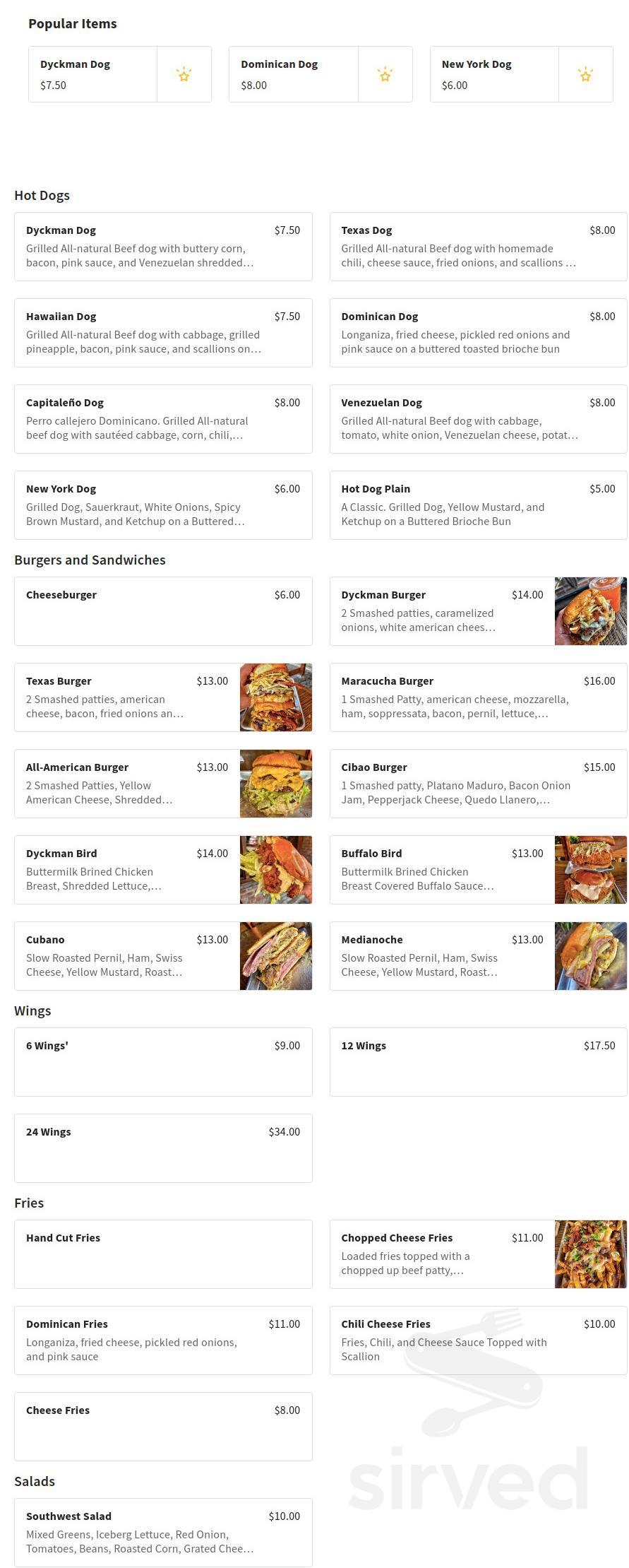 Dyckman Dogs menu in New York, New York, USA