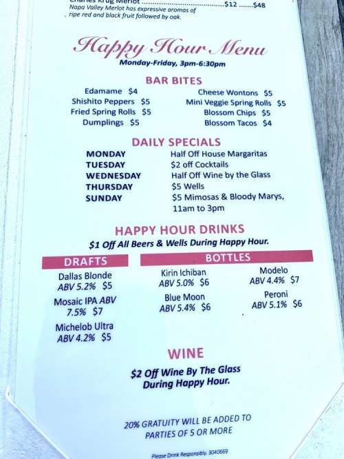 Sky Blossom menu in Dallas, Texas, USA