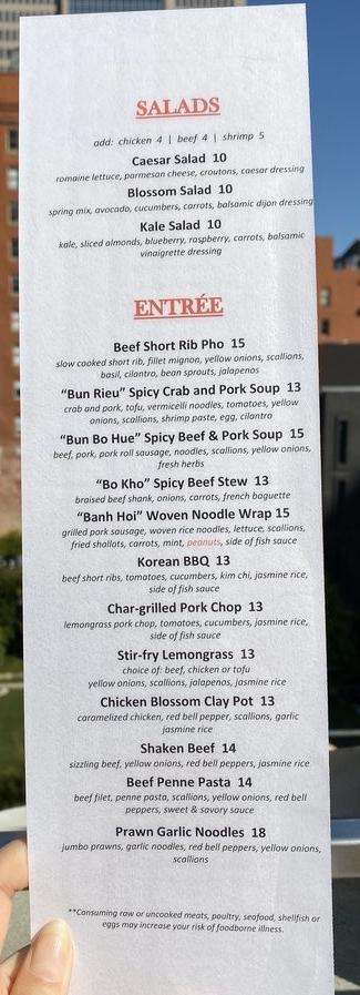 Sky Blossom menu in Dallas, Texas, USA