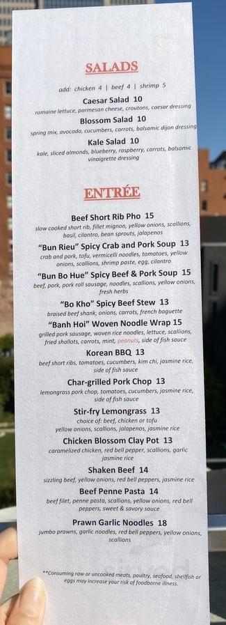 Sky Blossom menu in Dallas, Texas, USA