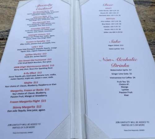 Sky Blossom menu in Dallas, Texas, USA