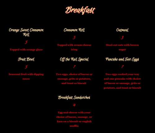 Off the Rail Cafe menu in El Dorado, Arkansas, USA