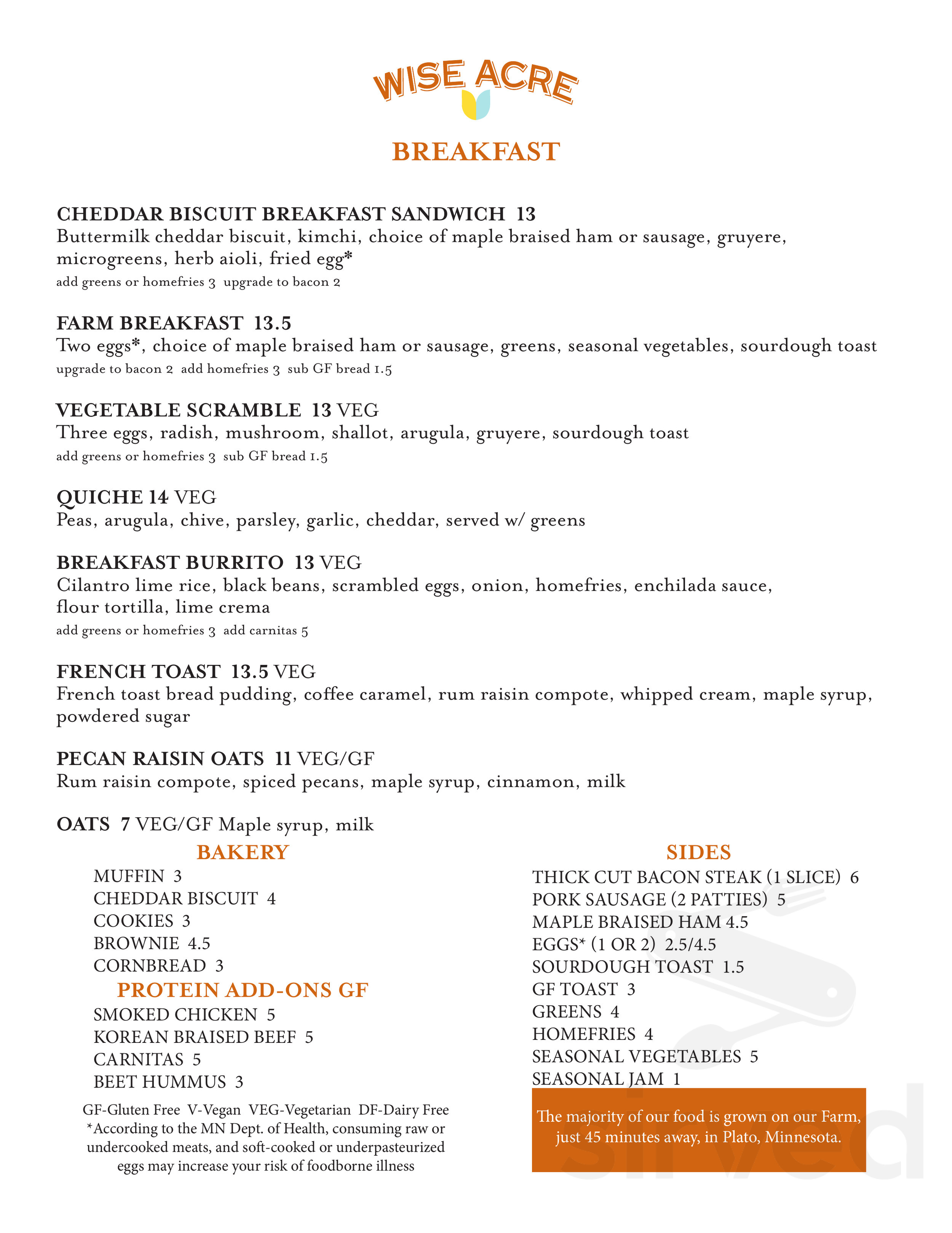 Vinai menu in Minneapolis, Minnesota, USA