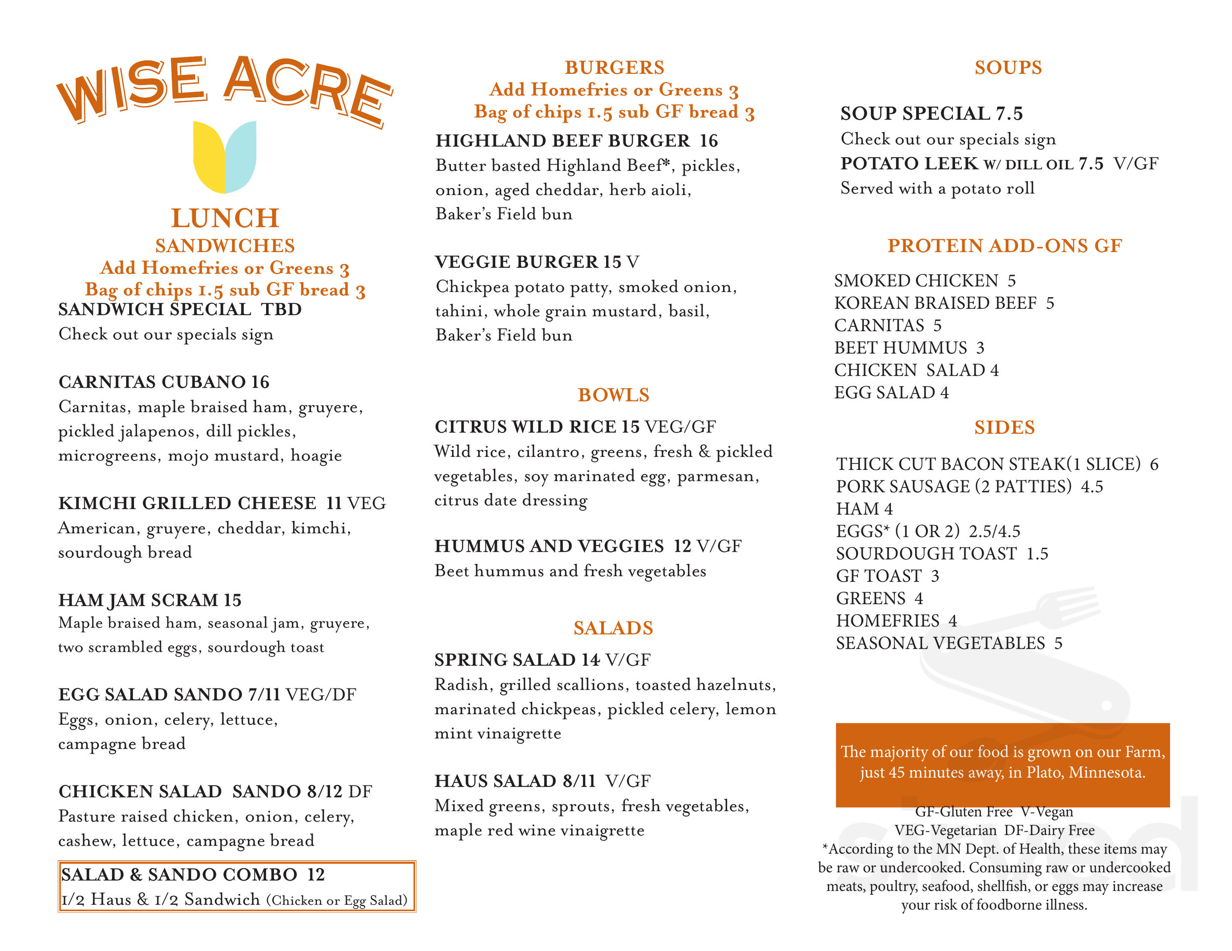 Vinai menu in Minneapolis, Minnesota, USA