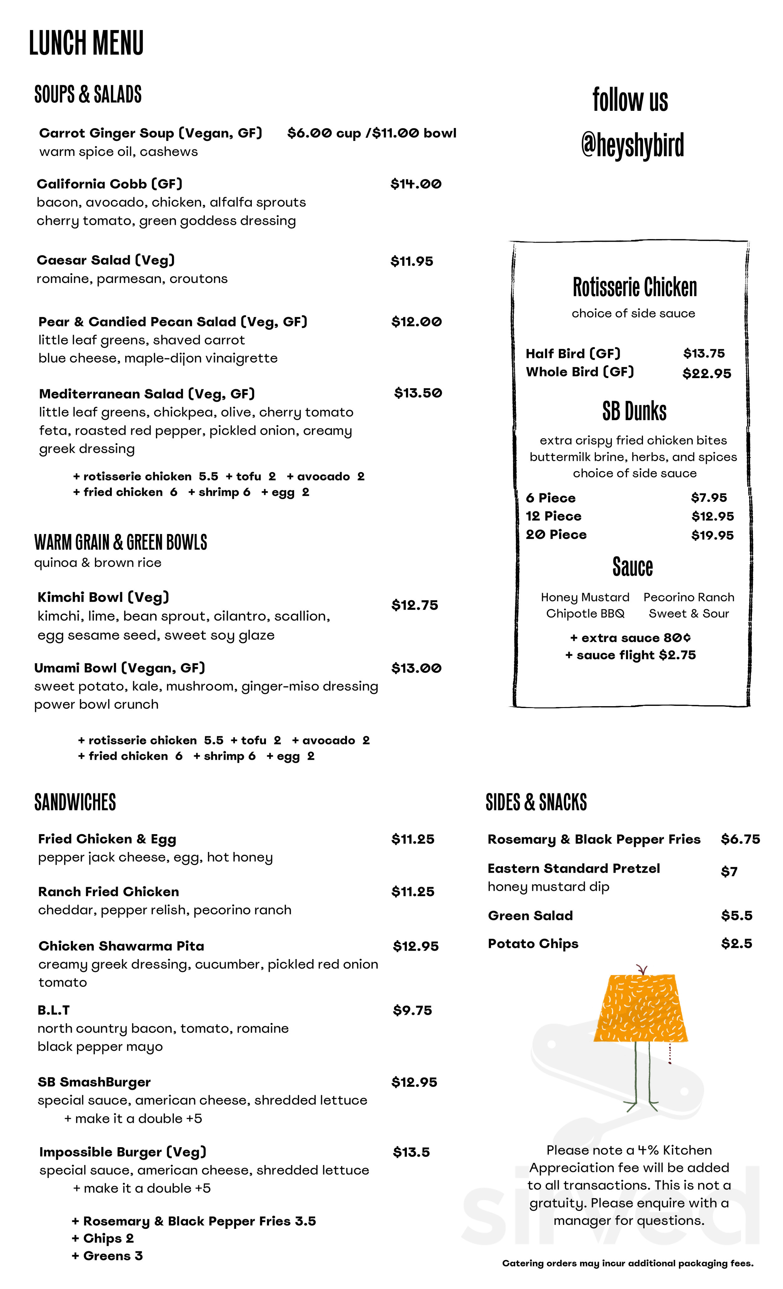 Shy Bird menu in Cambridge, Massachusetts, USA