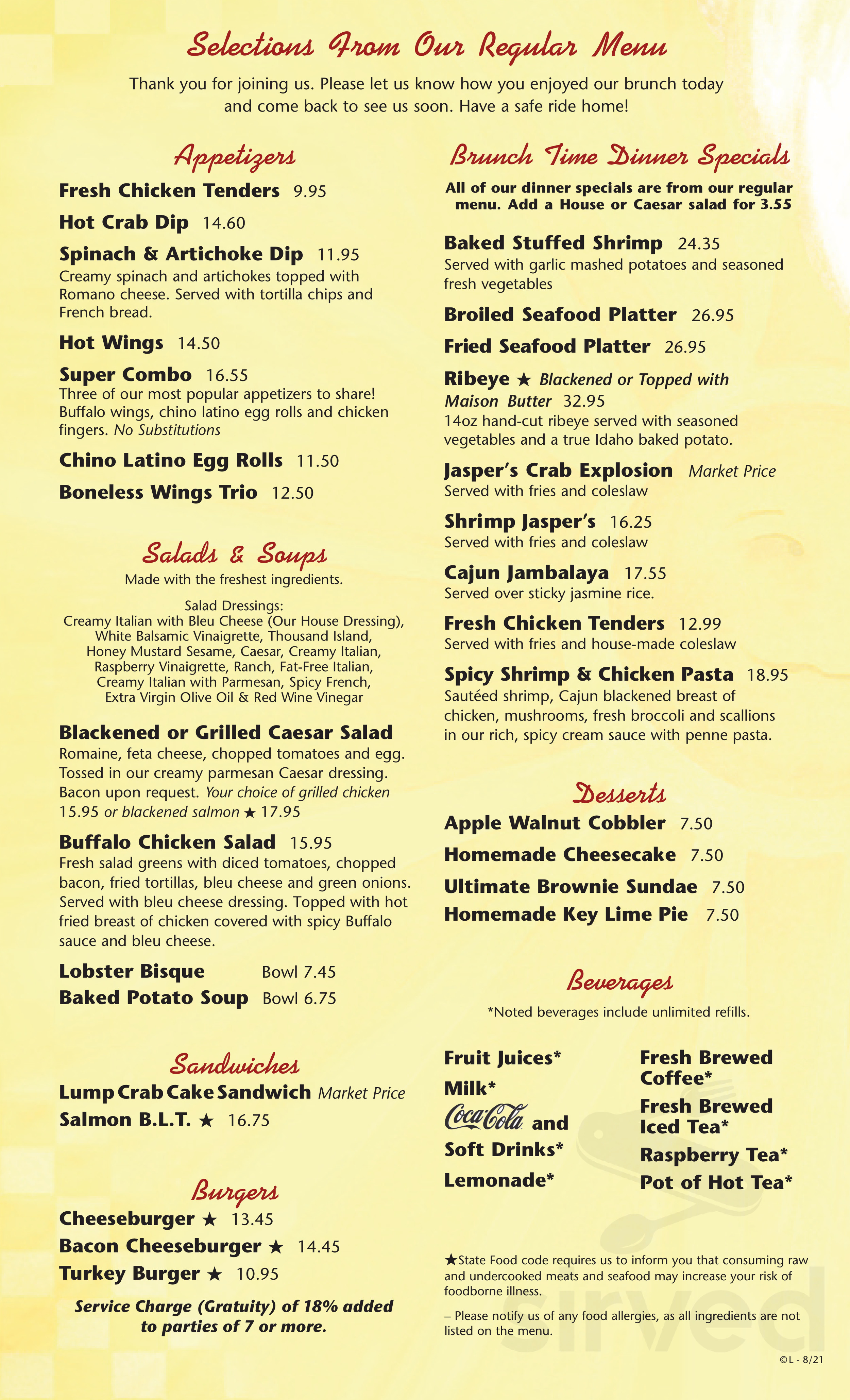 Jasper's Restaurant menu in Largo, Maryland, USA