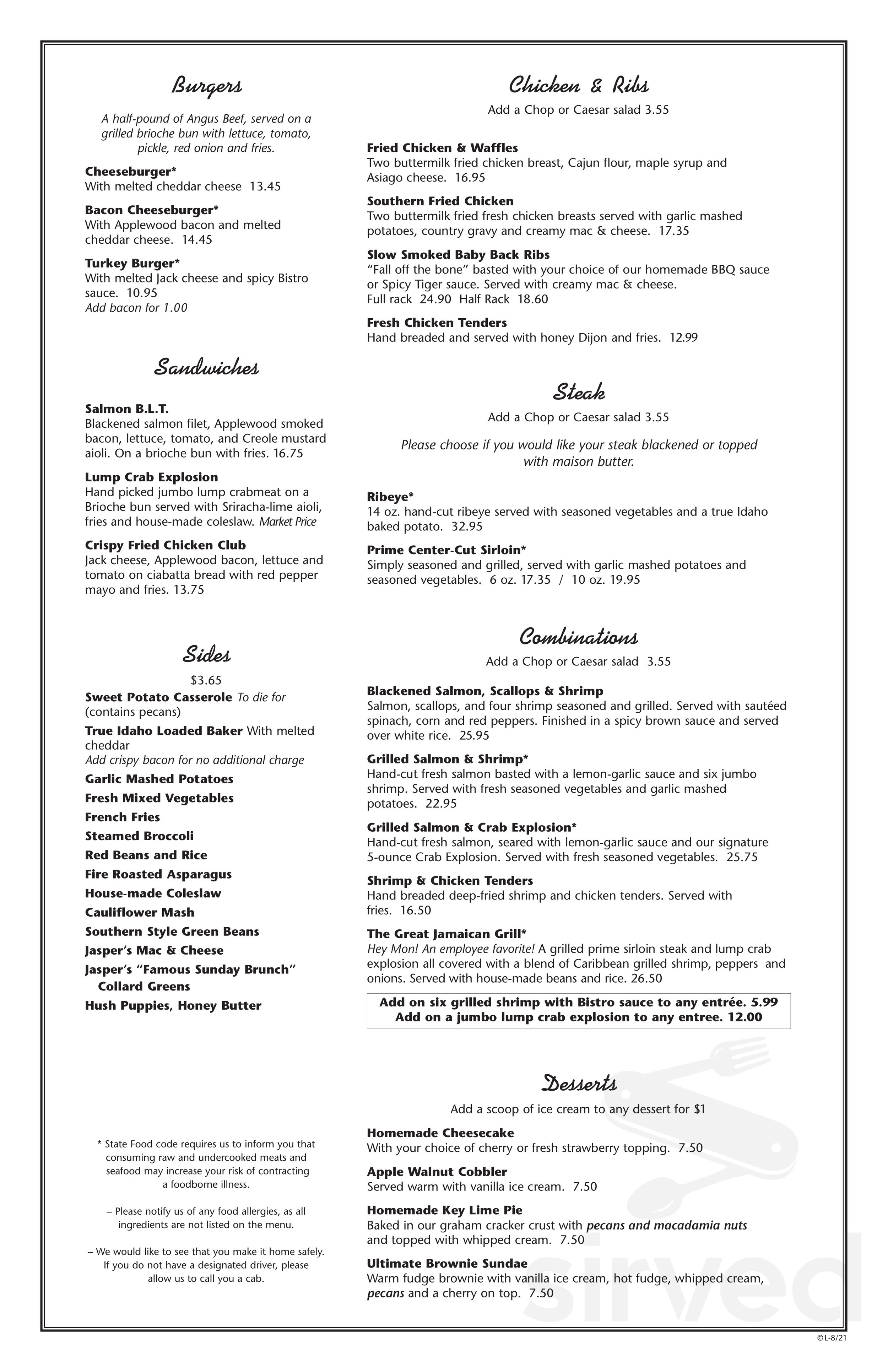Jasper's Restaurant menu in Largo, Maryland, USA