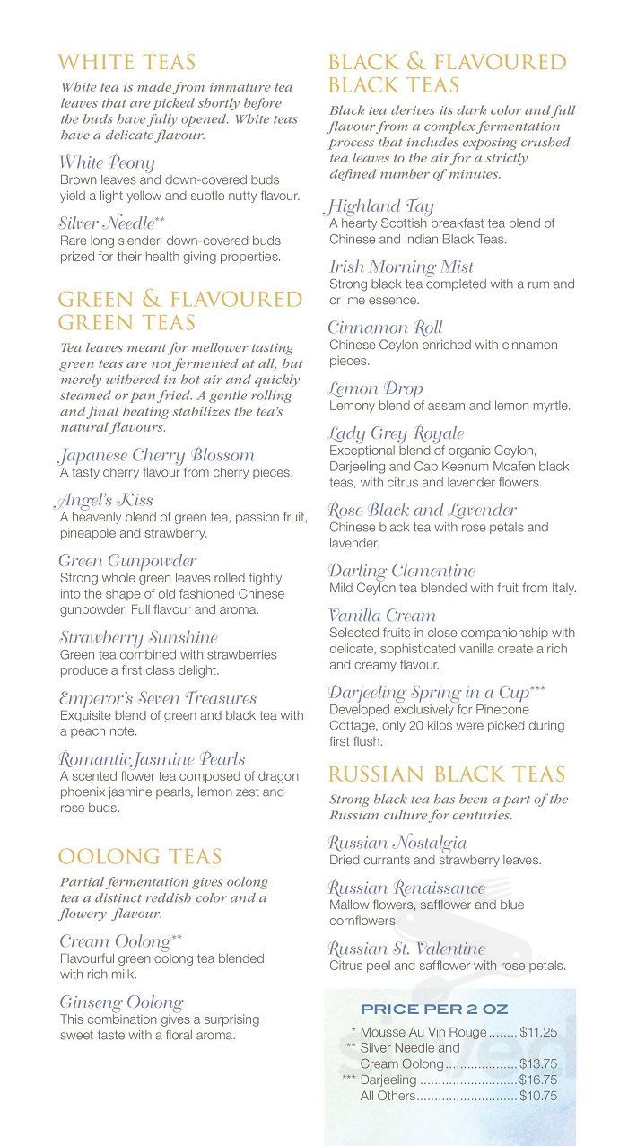 Pinecone Cottage Tea House menu in Downers Grove, Illinois, USA