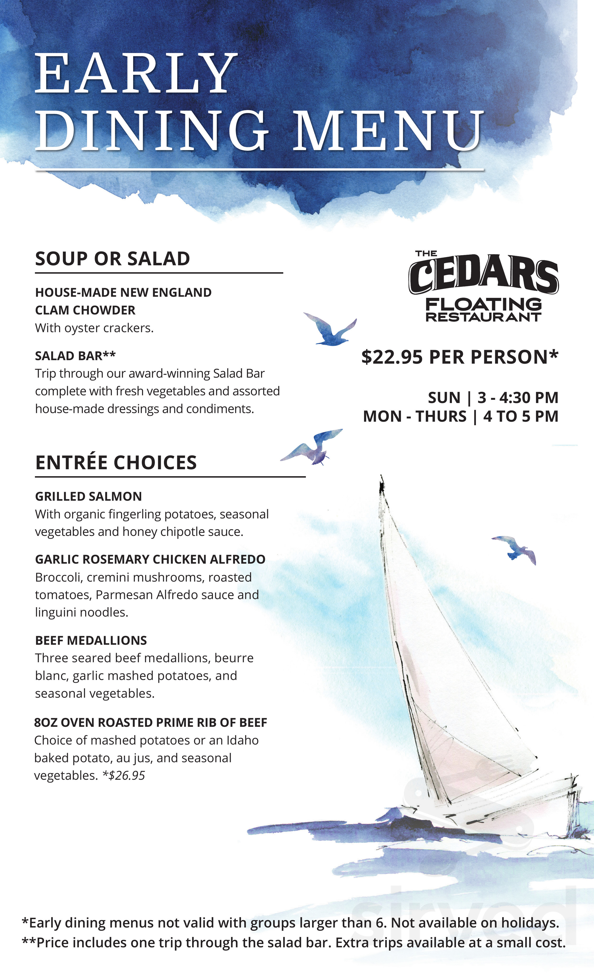 Menu for The Cedars Floating Restaurant in Coeur d'Alene, ID | Sirved