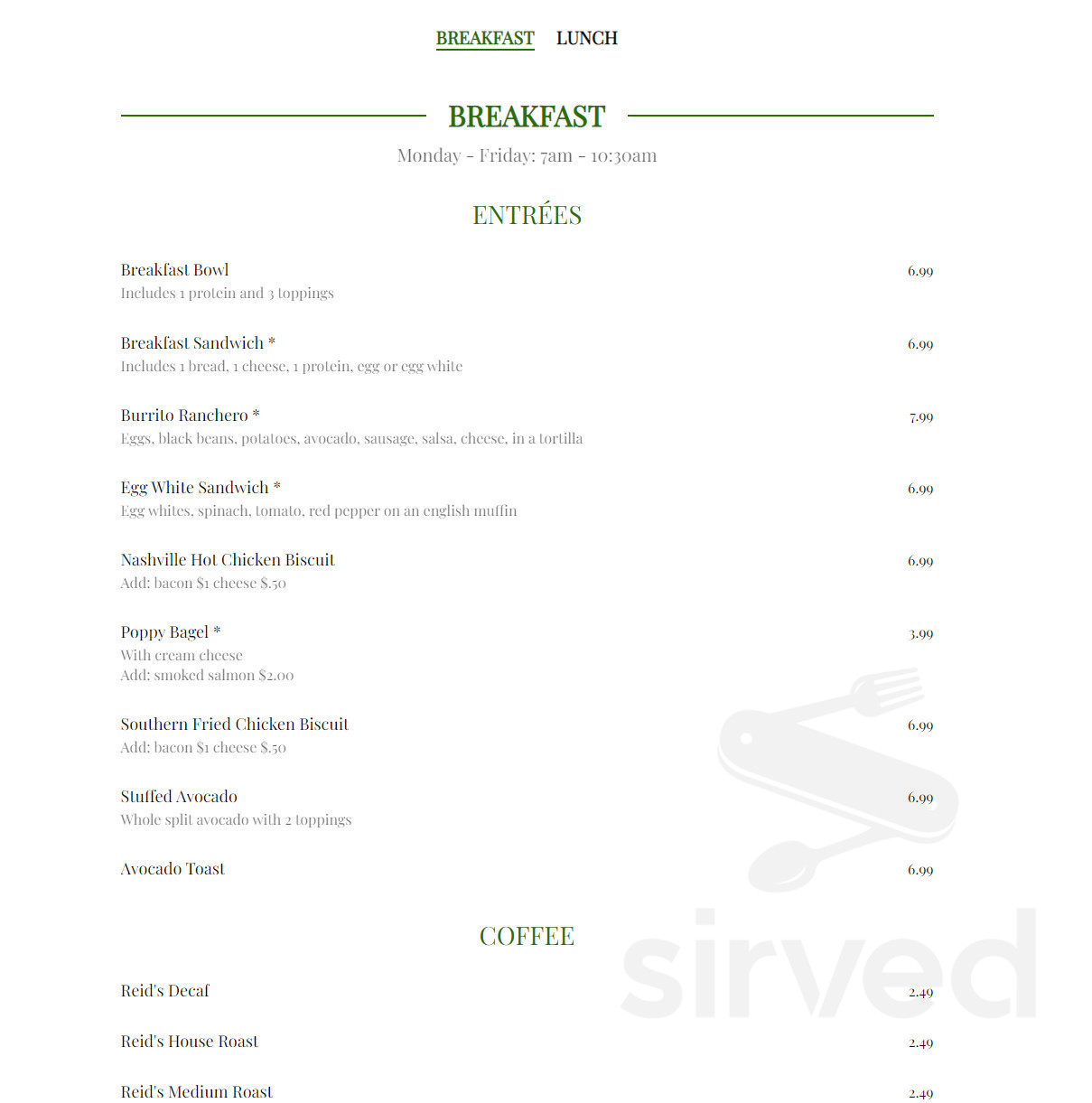 Reid's Fine Foods menus in Charlotte, North Carolina, United States