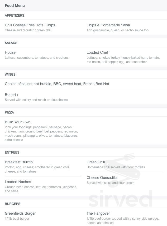 Greenfields Pool & Sports Bar menu in Lakewood, Colorado, USA