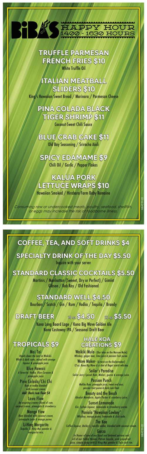 Bibas Courtyard Grill menu in Honolulu, Hawaii, USA