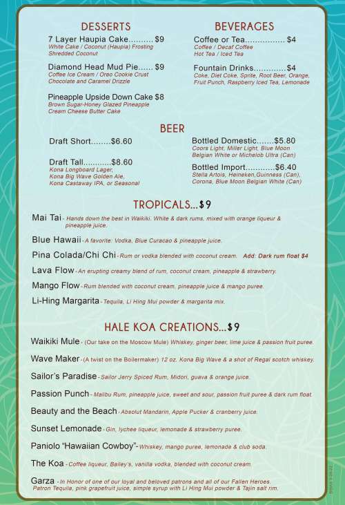 Bibas Courtyard Grill menu in Honolulu, Hawaii, USA