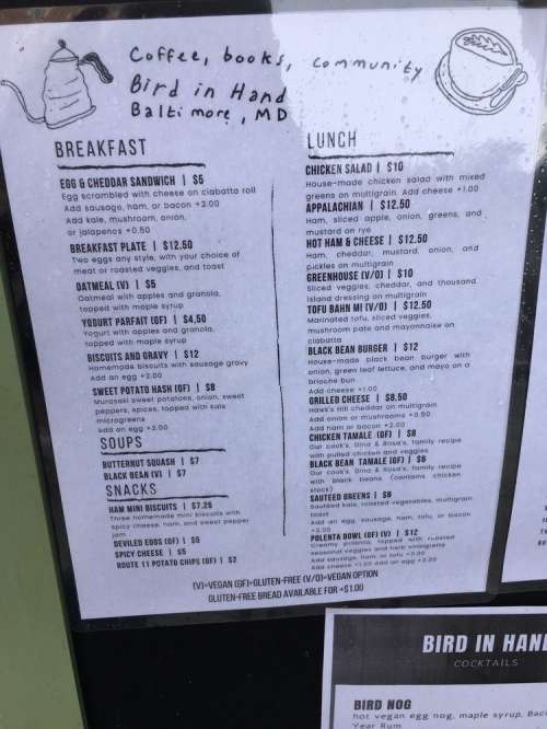 Bird in Hand menu in Baltimore, Maryland, USA