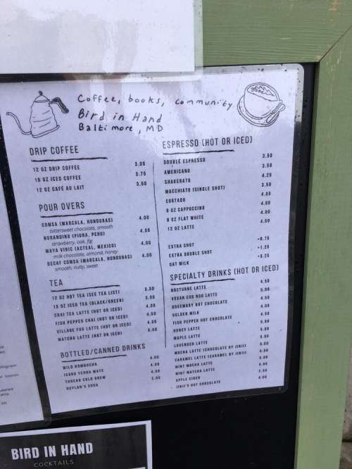 Bird in Hand menu in Baltimore, Maryland, USA
