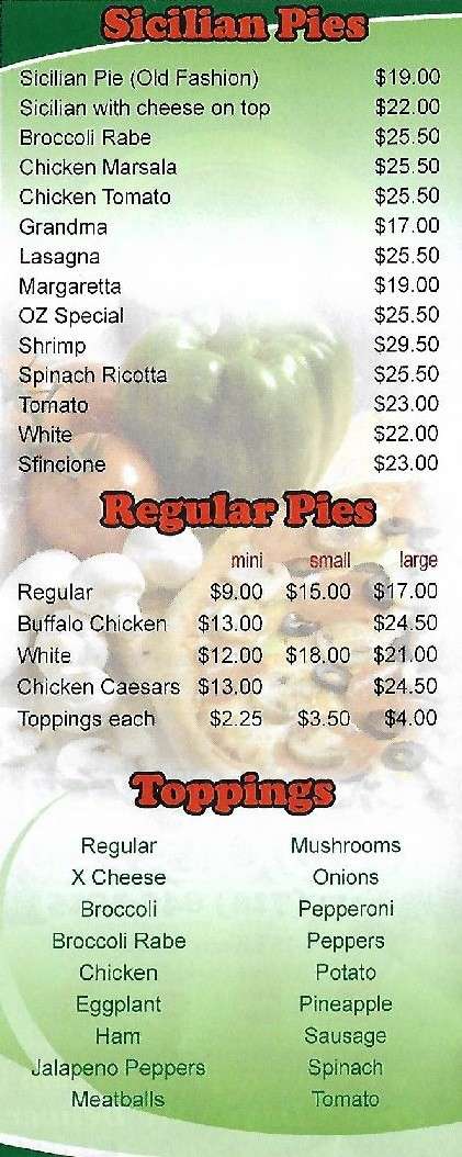 Ozone Pizzeria menu in Queens, New York, USA