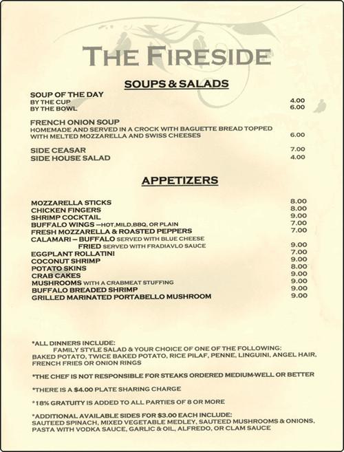 Fireside Steak Pub menu in Stony Point, New York, USA