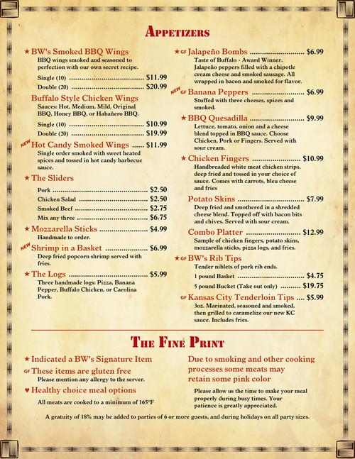 BW's Smokin' Barrels Barbecue menu in Buffalo, New York, USA