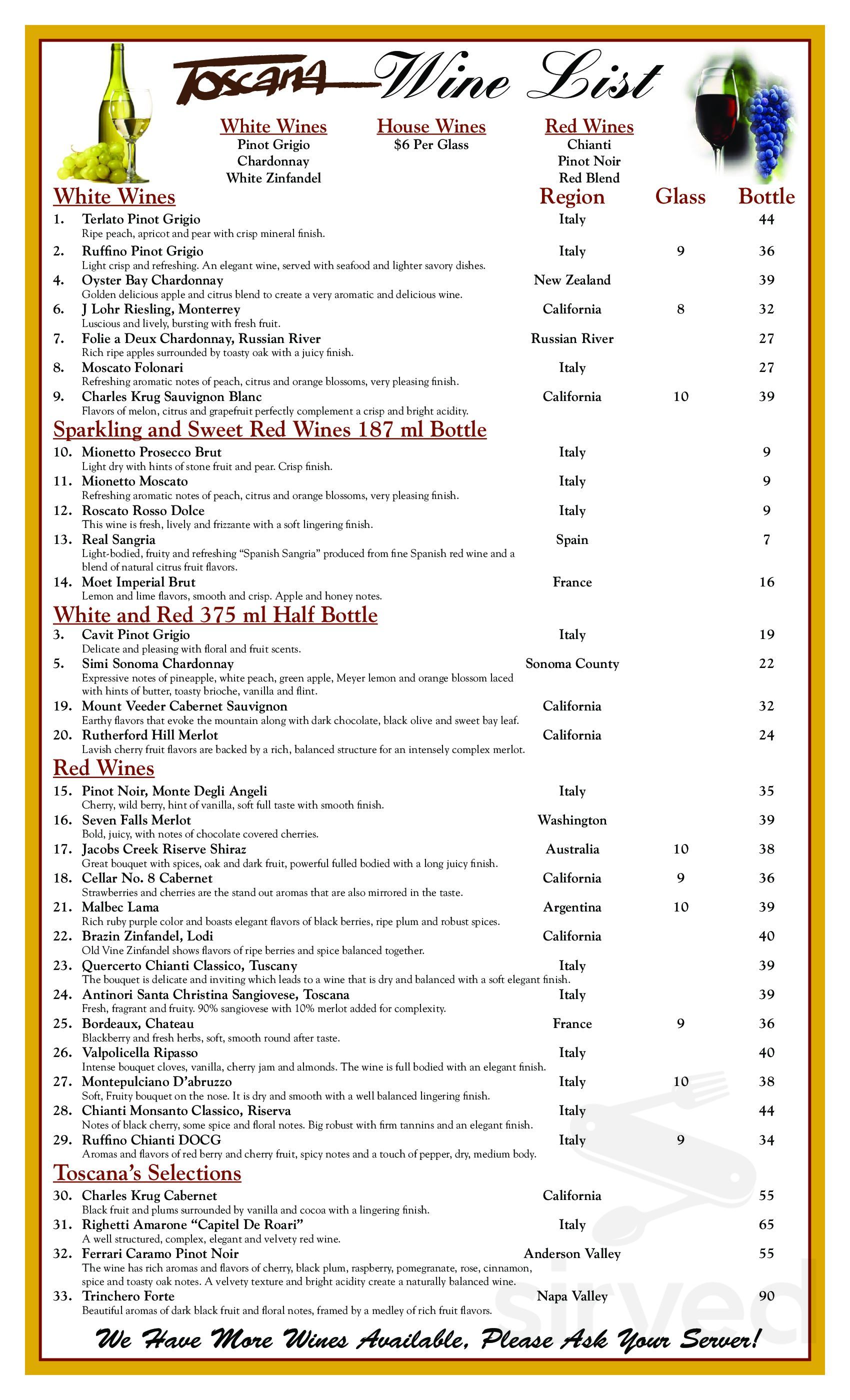 Toscana Restaurant & Lounge menu in Arlington Heights, Illinois, USA