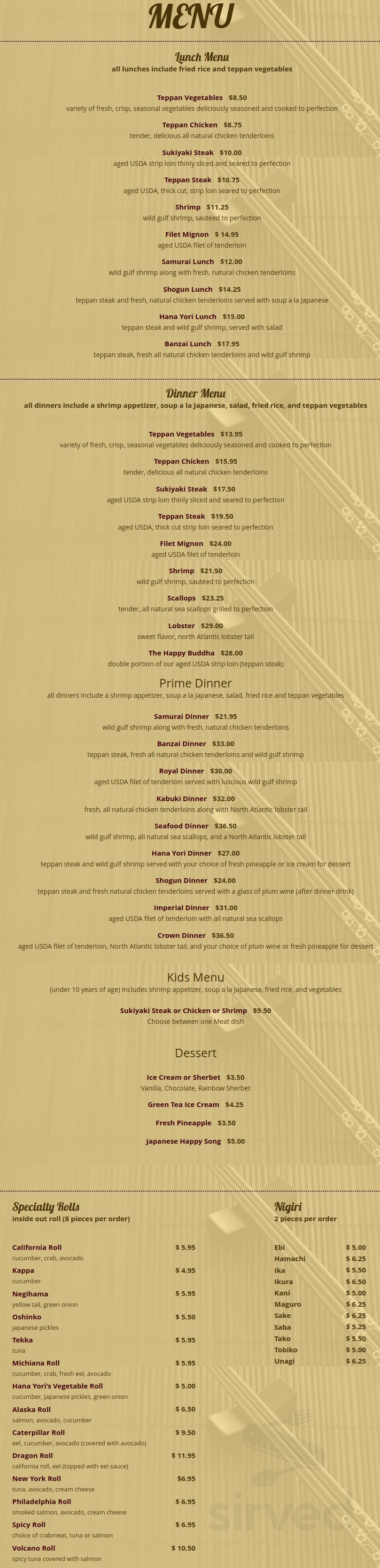 Menu for Hana Yori of Japan in Mishawaka, IN | Sirved
