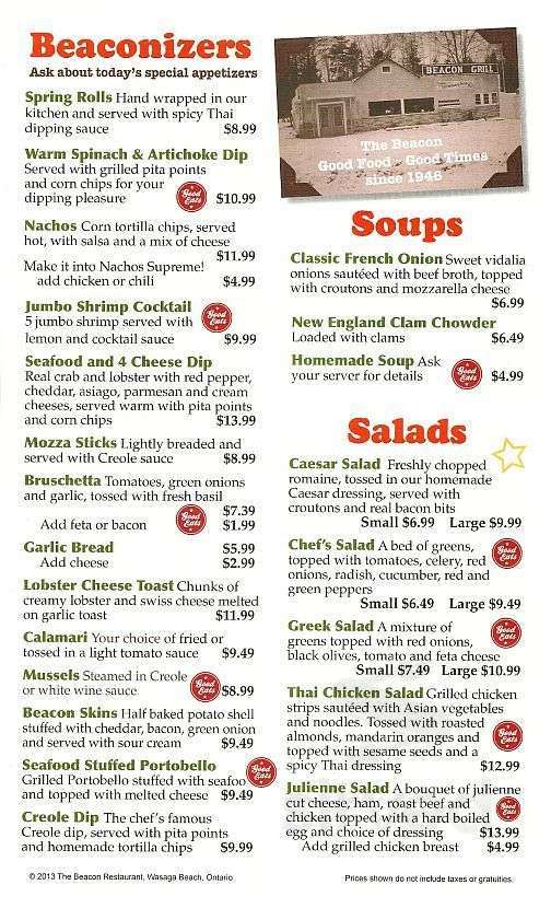 Beacon Restaurant menu in Wasaga Beach, Ontario, Canada