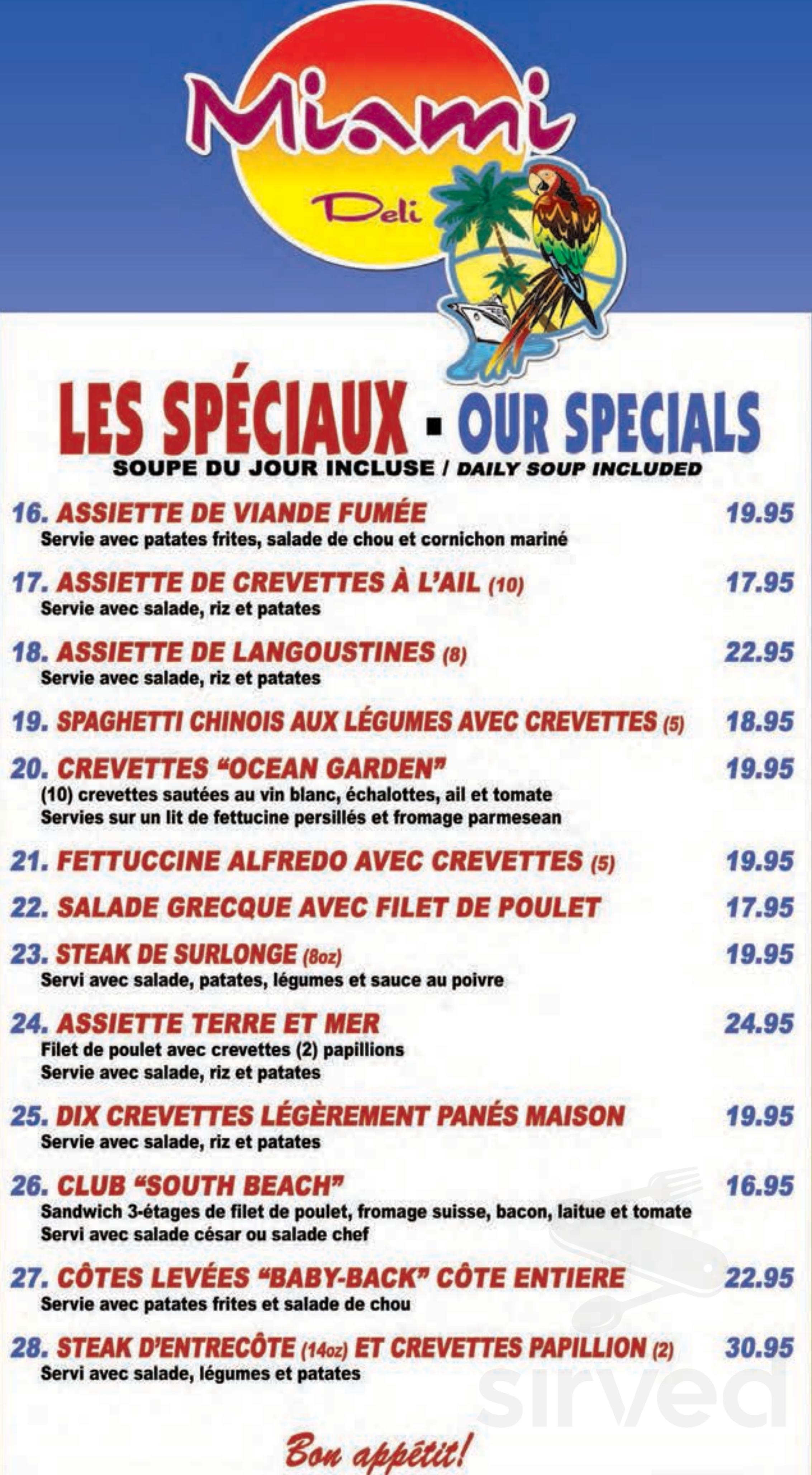 Menu - Montréal QC's Restaurant Miami Déli | Sirved