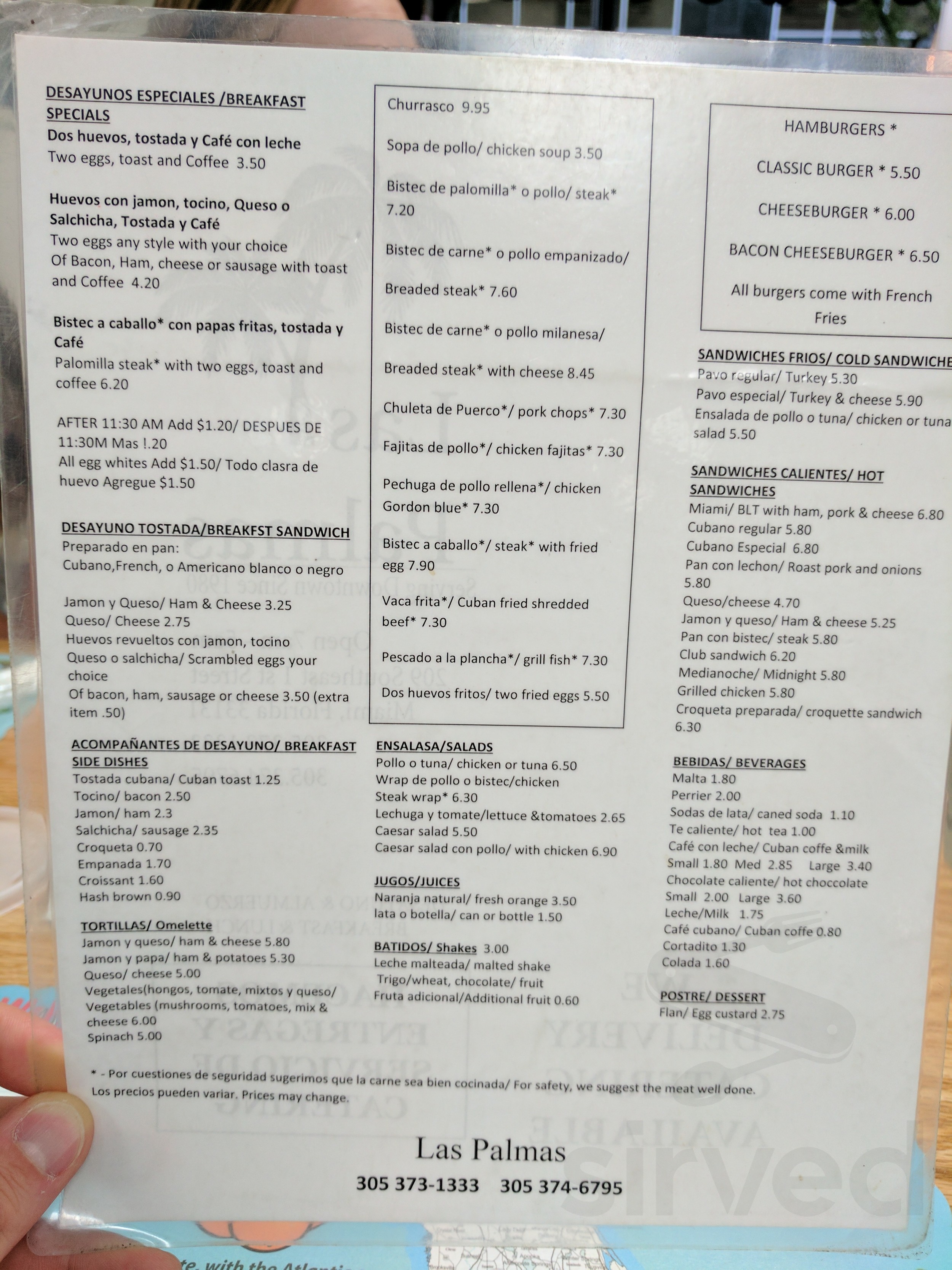 Las Palmas Restaurant menu in Miami, Florida, USA