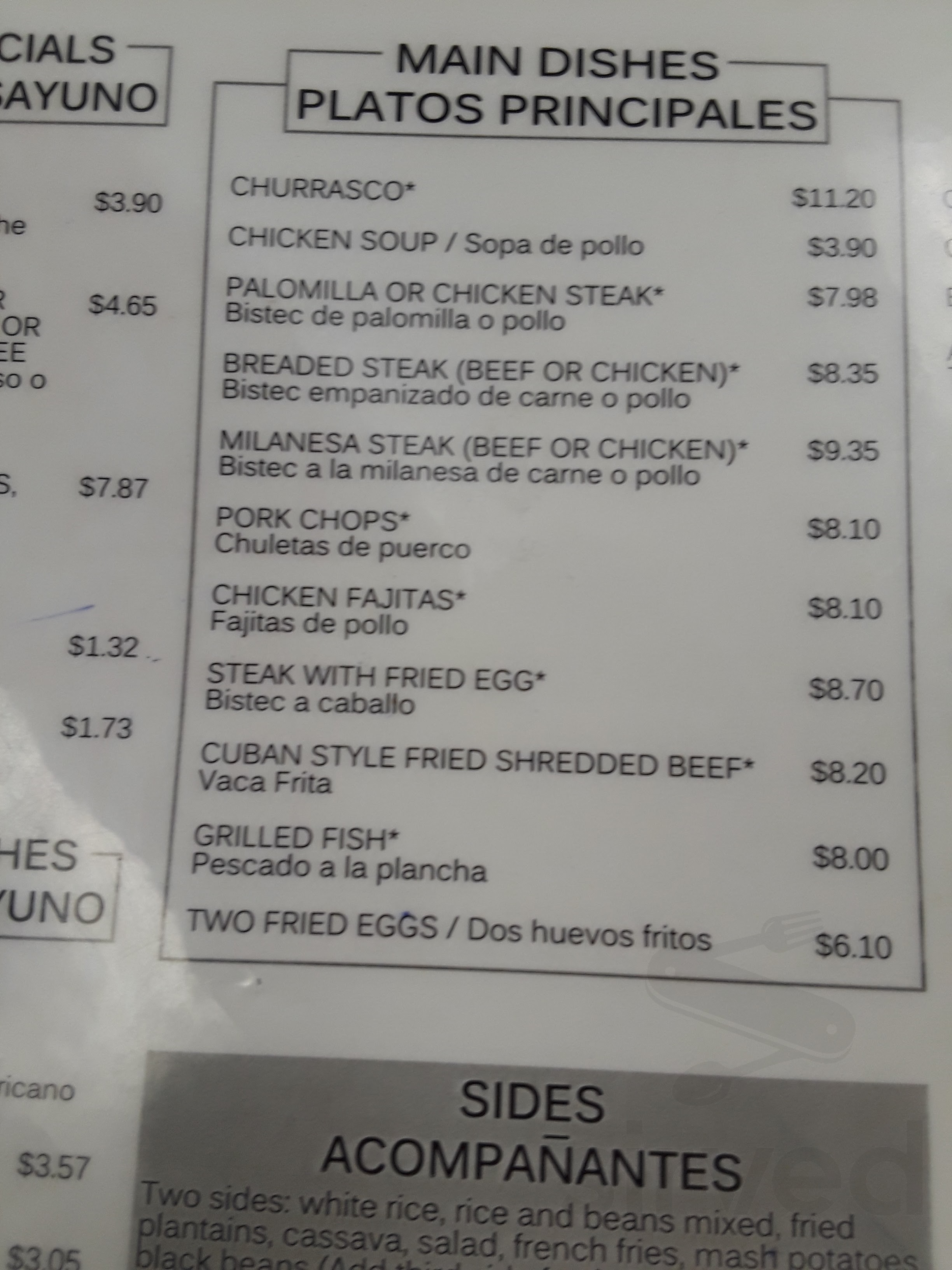 Las Palmas Restaurant menu in Miami, Florida, USA