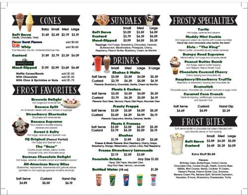 Frosty Queen menu in New Haven, Michigan, USA