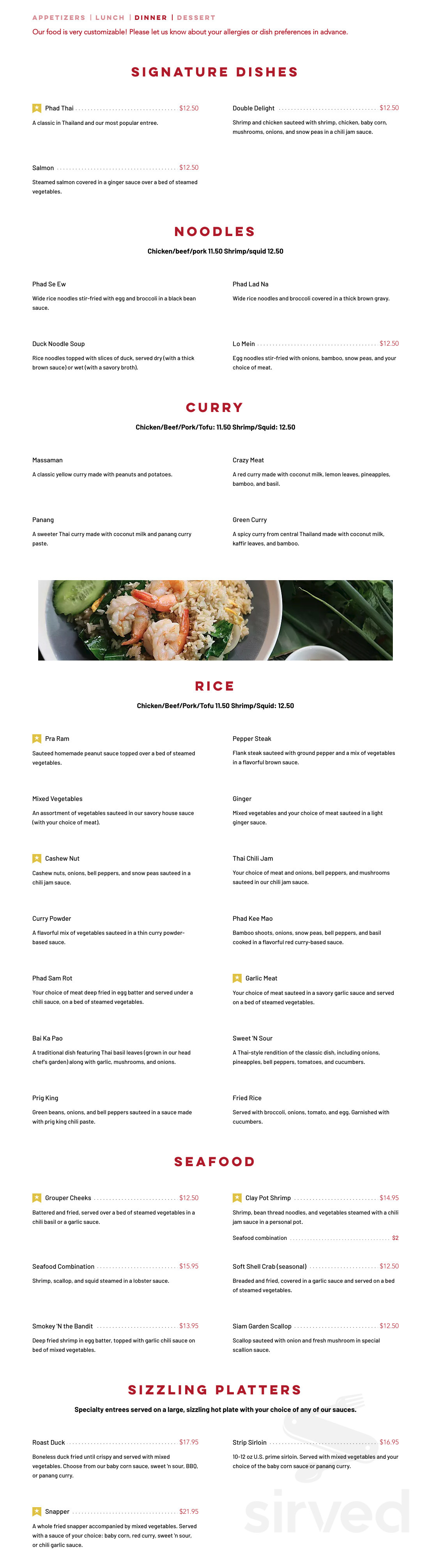 Siam Garden Thai menu in St. Petersburg, Florida, USA