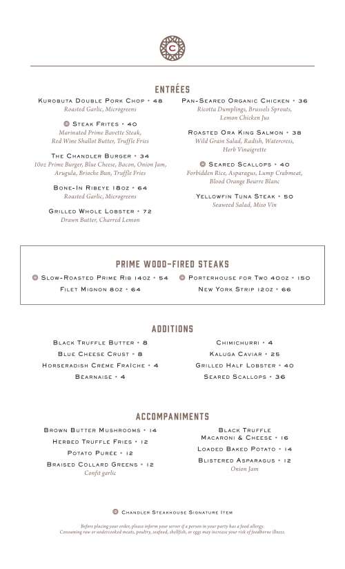 The Chandler Steakhouse menu in Springfield, Massachusetts, USA