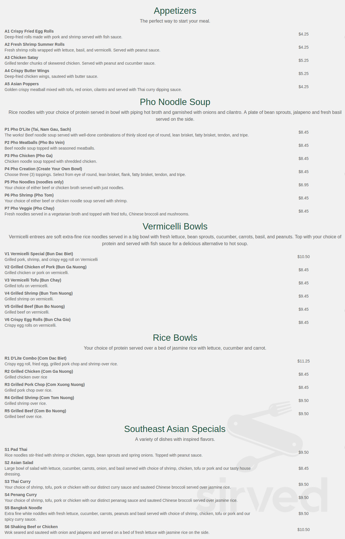 Menu - Lexington Park MD's Pho D'Lite | Sirved